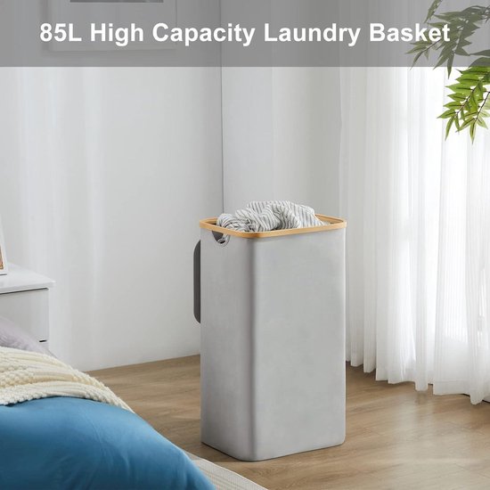 Wasmand 85 liter met deksel - opvouwbaar - hout bamboe - wasverzamelaar - smal - grijs... | bol