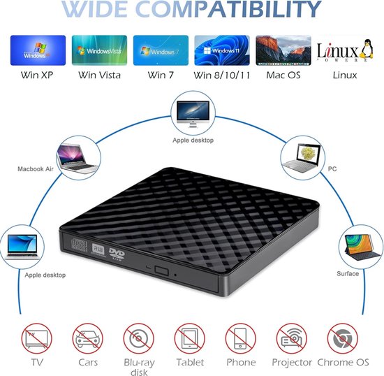External CD-DVD Drive Brander - USB 3.0 & Type C Draagbare - External ...