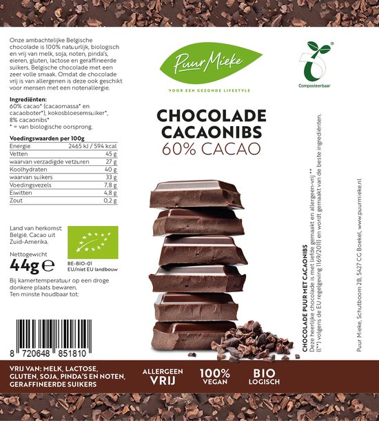 Chocoladereep Cacaonibs - 60% Cacao - BIO | bol