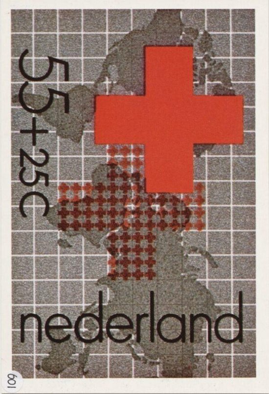 Briefkaart met afbeelding Een rood kruis tegen de achtergrond van een ...