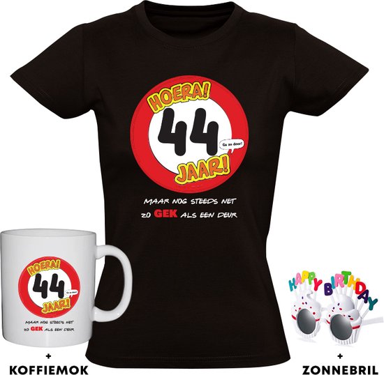 Hoera 44 jaar Dames T-shirt + Koffiemok + Happy birthday bril - 44e ...