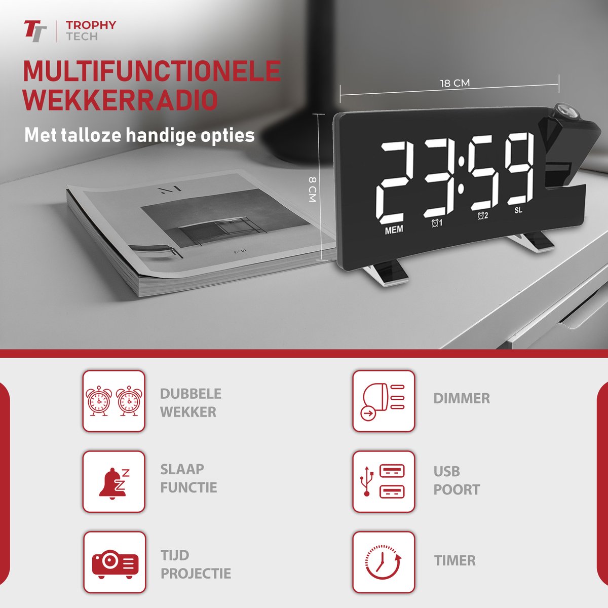 Trophy tech Wekkerradio Met Projectie - Digitale Wekker - Alarm Clock ...