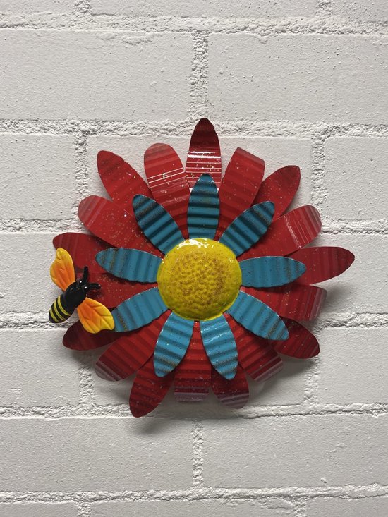 Metalen bloem wanddecoratie - Rood+ blauw + bij- Dia 30 cm - Voor ...