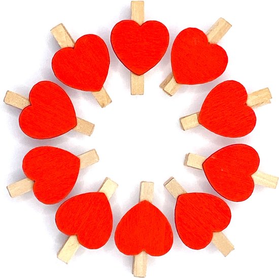 Mini wasknijpers / knijpertjes met rode hartjes | hout | 10x | 3 cm | bol