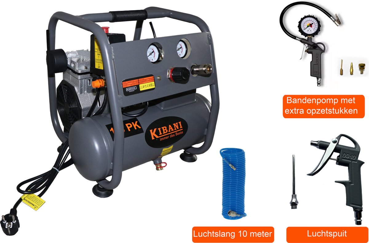 Kibani Super stille compressor 6 liter + luchtslang + luchtspuit + bandenpomp - SET -... | bol.com