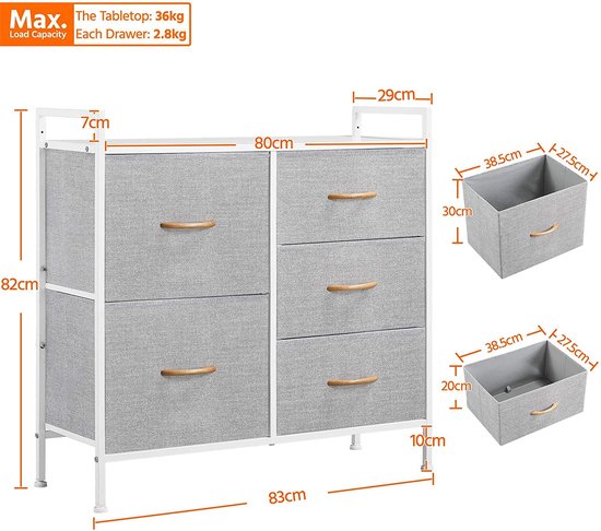 Furnibella - Commode van stof, smalle kast organizer met 5 laden ...