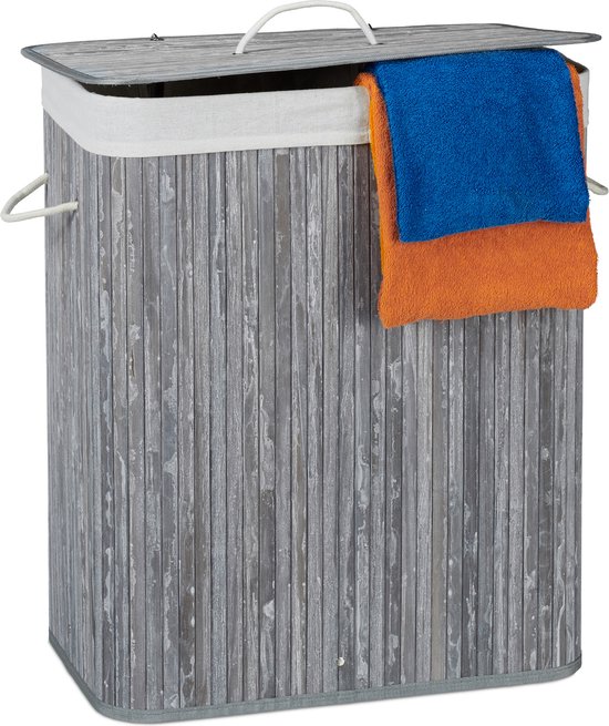 Relaxdays 1x wasmand 2 vakken - bamboe wasbox grijs - 95 liter ...
