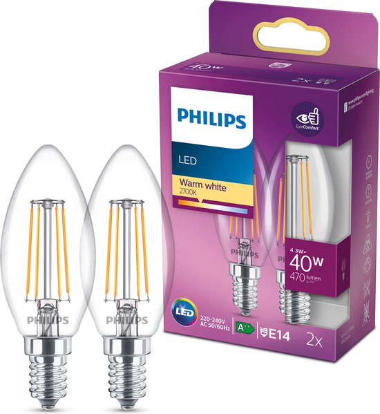 Philips energiezuinige LED Kaars Transparant - 40 W - E14 - warmwit licht - 2 stuks -... | bol