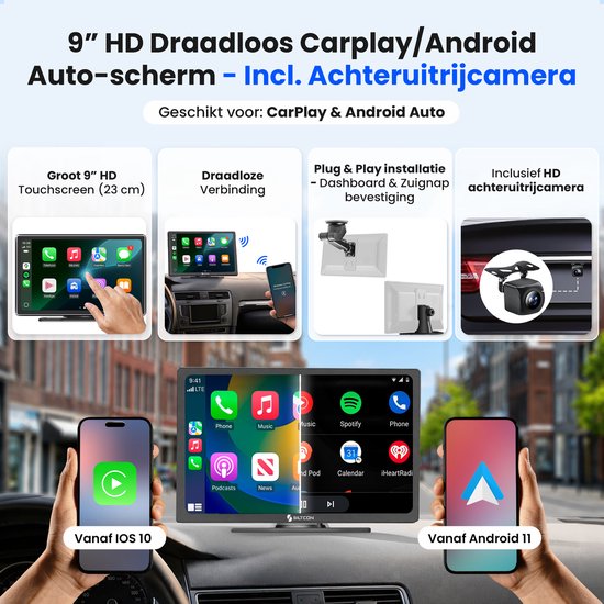 Siltcon® Geschikt voor Carplay Scherm 9 Inch - Geschikt voor Android ...