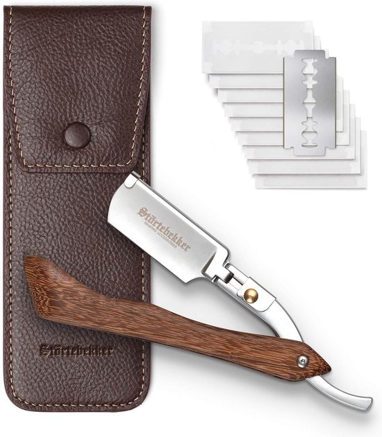 Scheermes met houten handvat en lederen etui - nat scheermes voor ...
