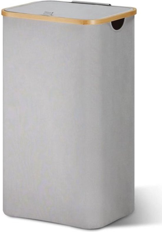 Wasmand 85 liter met deksel - opvouwbaar - hout bamboe - wasverzamelaar - smal - grijs... | bol