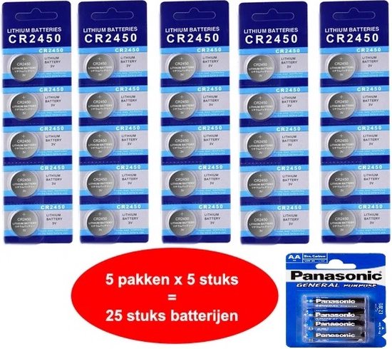 CR2450 Lithium 3 Volt Knoopcel Batterij - 5x5 strips - 25 stuks knoopcel batterijen... | bol