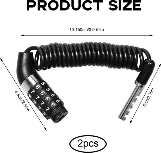 Set van 2 helmsloten 150 cm/3,5 mm, fietsslot met 4-cijferige ...