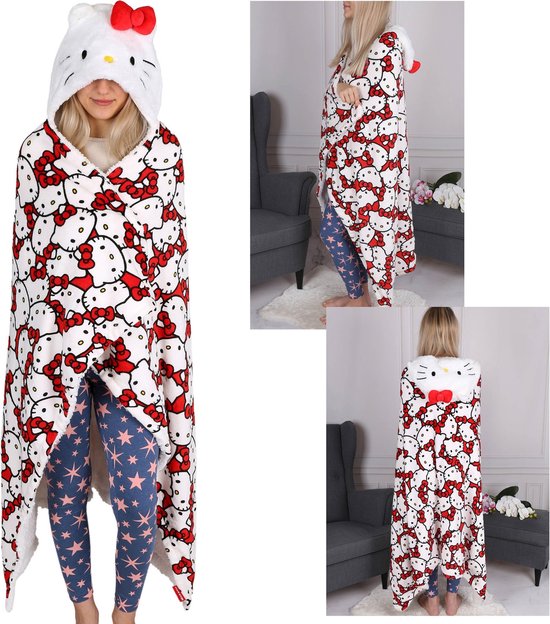 Hello Kitty Witte deken met capuchon, warm, groot 150x120 cm | bol