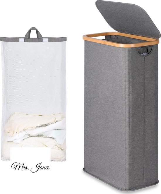 Mrs. Jones Wasmand smal 63 liter slanke wasmand met deksel grijs-opvouwbare wasmand... | bol