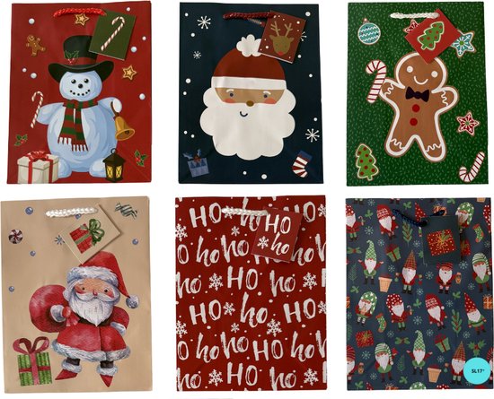 SL17 Cadeautas Kerstfiguren mix - Geschenktas - 17 x 9 x 22 cm - Set van 6 | bol