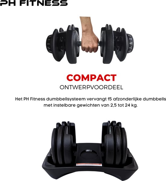 PH Fitness Smart Dumbbells set - Verstelbaar 2,5-24 kg - Home Gym - 2 ...