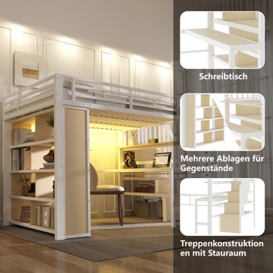 Hoogslaper, 140 x 200 cm, ijzeren frame, met bureau, opbergvak, led ...