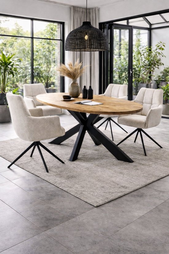 Ovale Eettafel 190 cm Mangohout Naturel met 4 Draaibare Beige ...