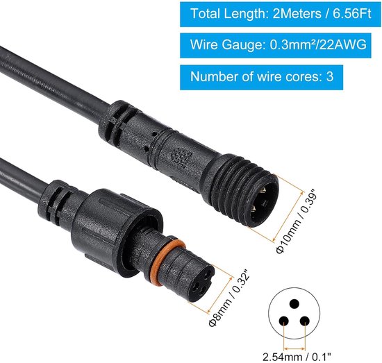2m 3 Pin Extension Cable - 22AWG Waterproof IP67 Connector - Male and ...