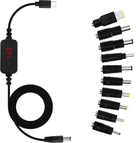 Instelbare USB-C naar DC Adapter Kabel (5-20V) met 10 Conversiekoppen ...