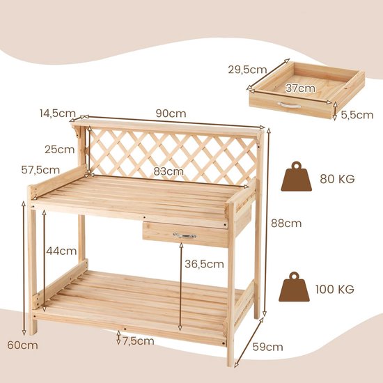 KOMFOTTEU Houten verpottafel, tafel voor zaailingen en tuinwerk met ...