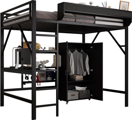Sweiko Hoogslaper - 140x200cm - Met bureau - Opbergplank - Kledingkast ...