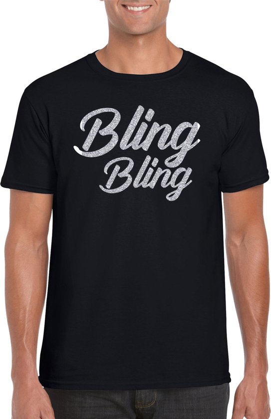 Bling bling t-shirt zwart met zilveren glitter tekst heren - Glitter en ...