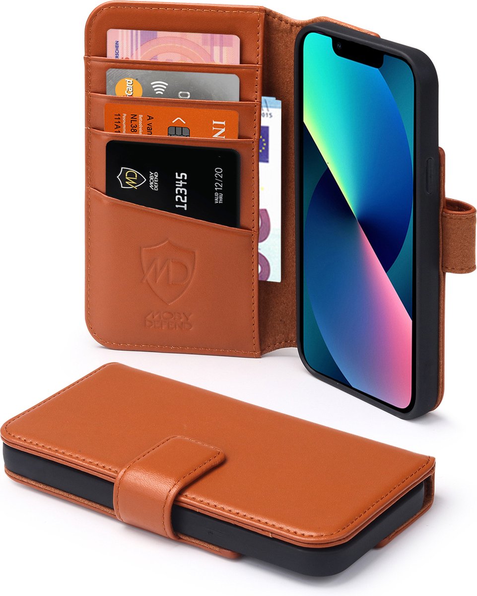 iPhone 13 Mini Hoesje - Luxe MobyDefend Wallet Bookcase - Lichtbruin ...
