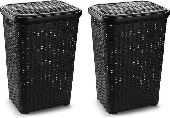 Wasmand rotan met deksel van 60 liter - set 2x stuks - 35 x 43 x 62 cm zwart | bol.com