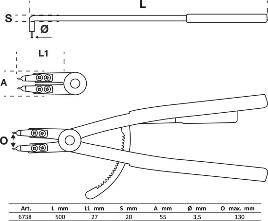 BGS borgveertang schuin voor inwendige borgringen 500 mm - 6738 | bol