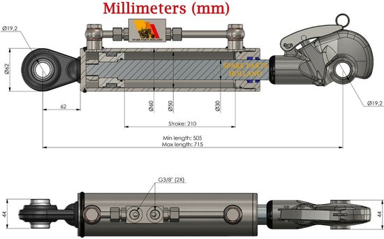 Hydraulische Topstang Cat. 1 (505 - 715 mm) met Vanghaak, Terugslagklep ...