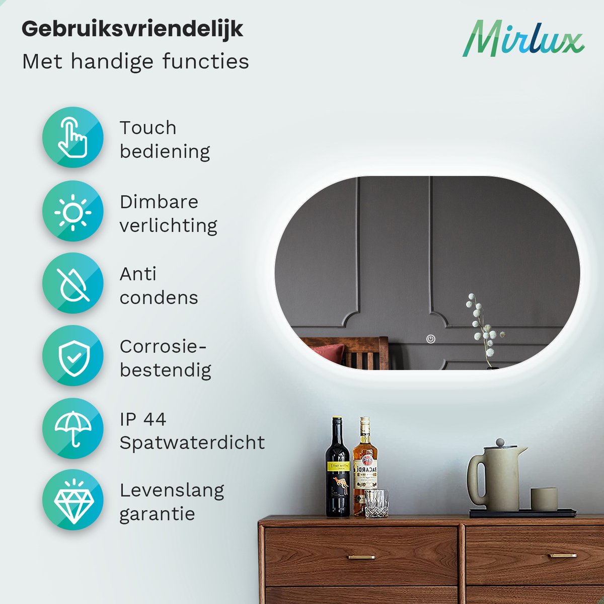 Mirlux Badkamerspiegel met LED Verlichting & Verwarming – Wandspiegel ...