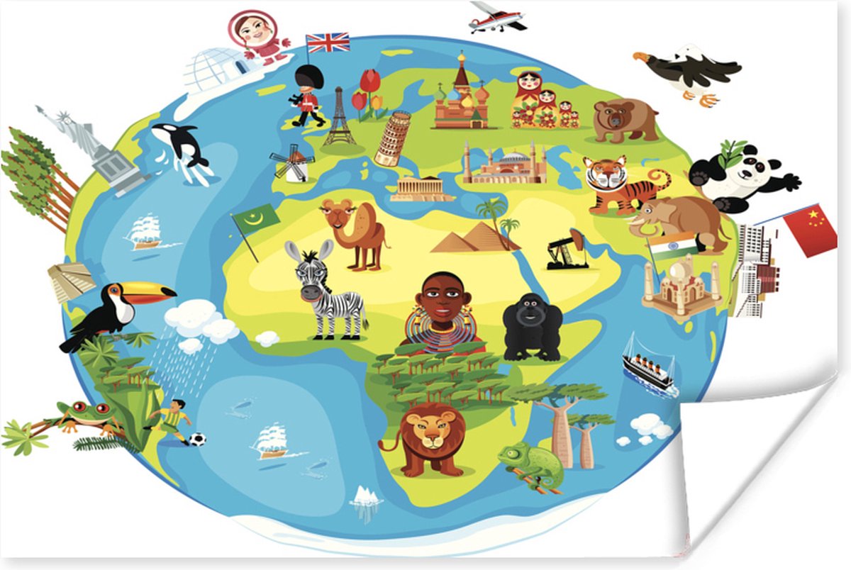 Wereldkaarten - Een cartoontekening van een ronde wereldkaart - 80x60 ...