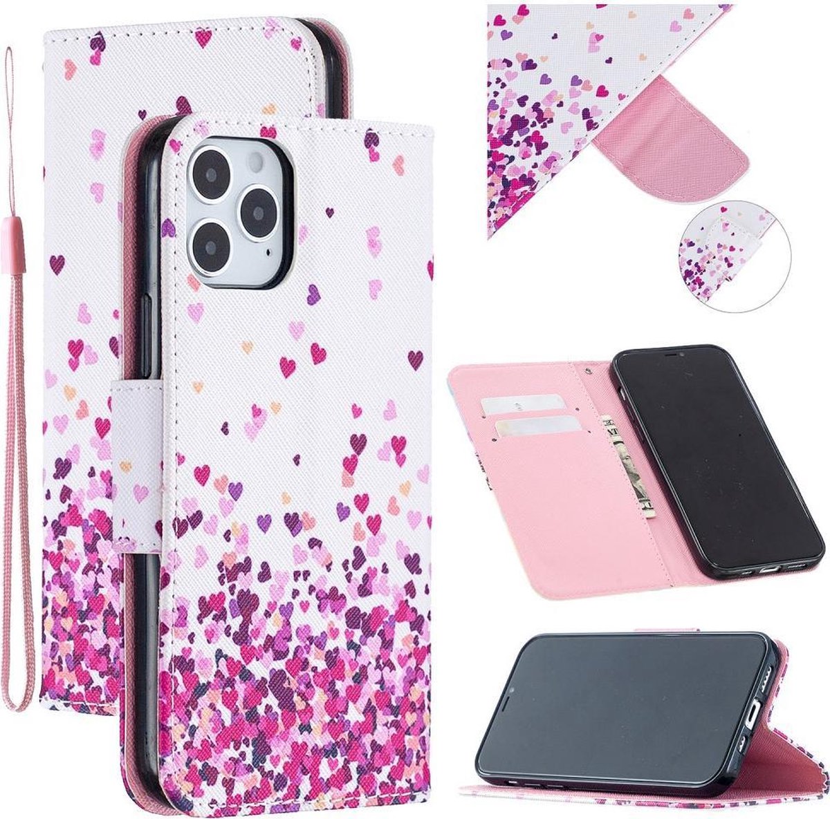 iPhone 12 (Pro) - Flip hoes, cover, case - TPU - PU Leder - hartjes ...
