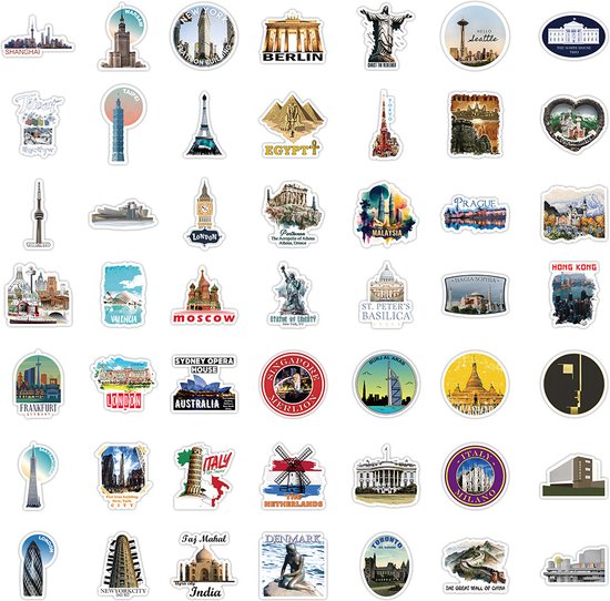 Vakantie Stickers Set - 50 stickers met Steden, Landen, Landmarks en ...