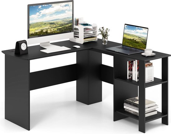 Bureau L-vorm, hoekbureau met 2 kabeldaten en opbergvakken, hoektafel ...