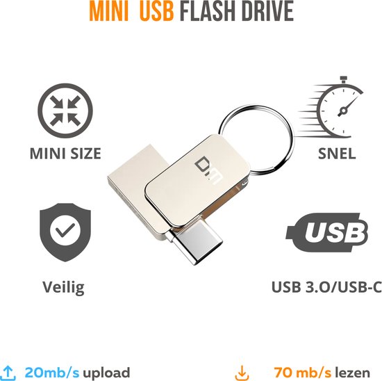 DM Mini USB stick 128GB - USB-A & USB-C - USB 3.0 - Flash Drive | bol