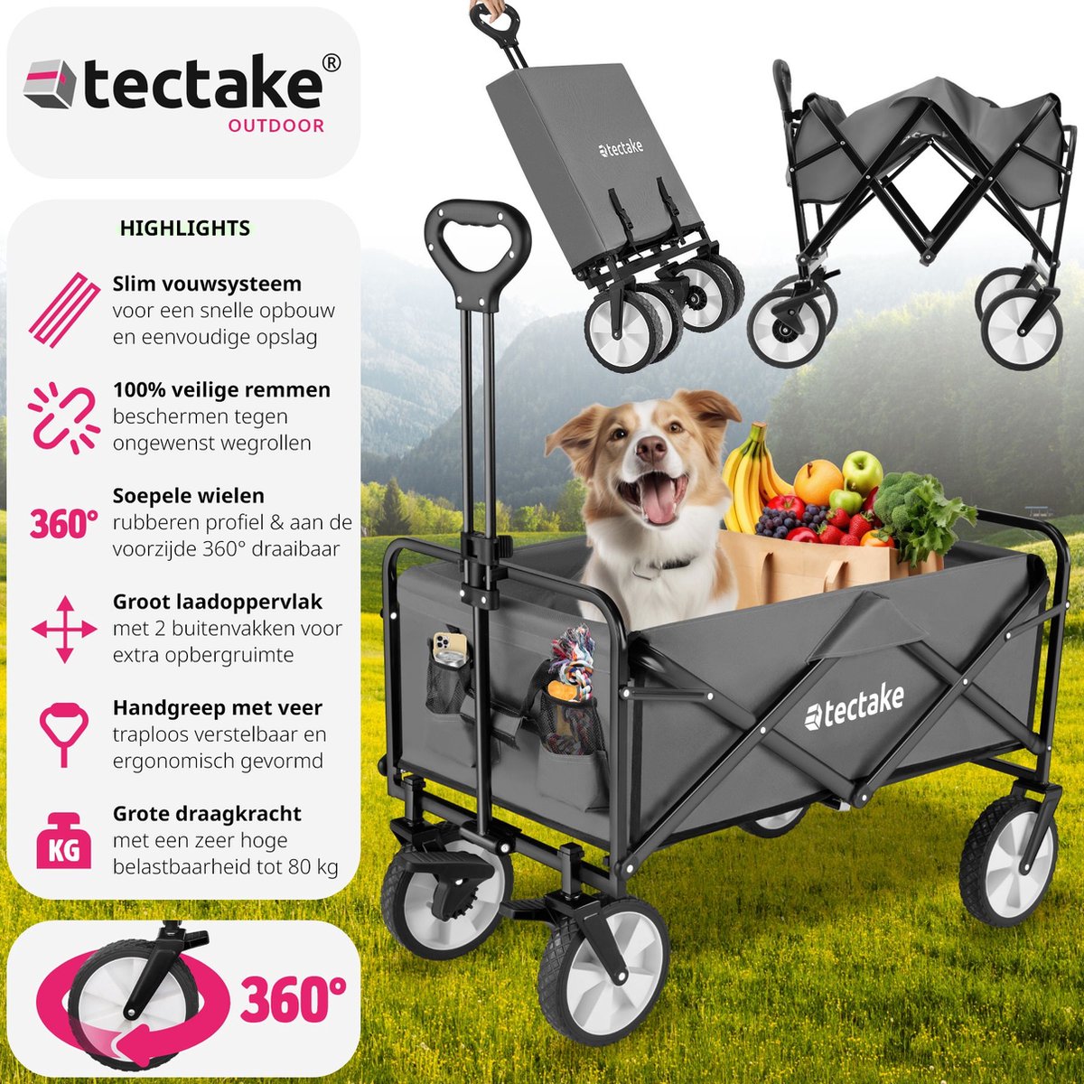 tectake® - Opvouwbare bolderwagen Leon bolderkar trekkar - met remmen ...