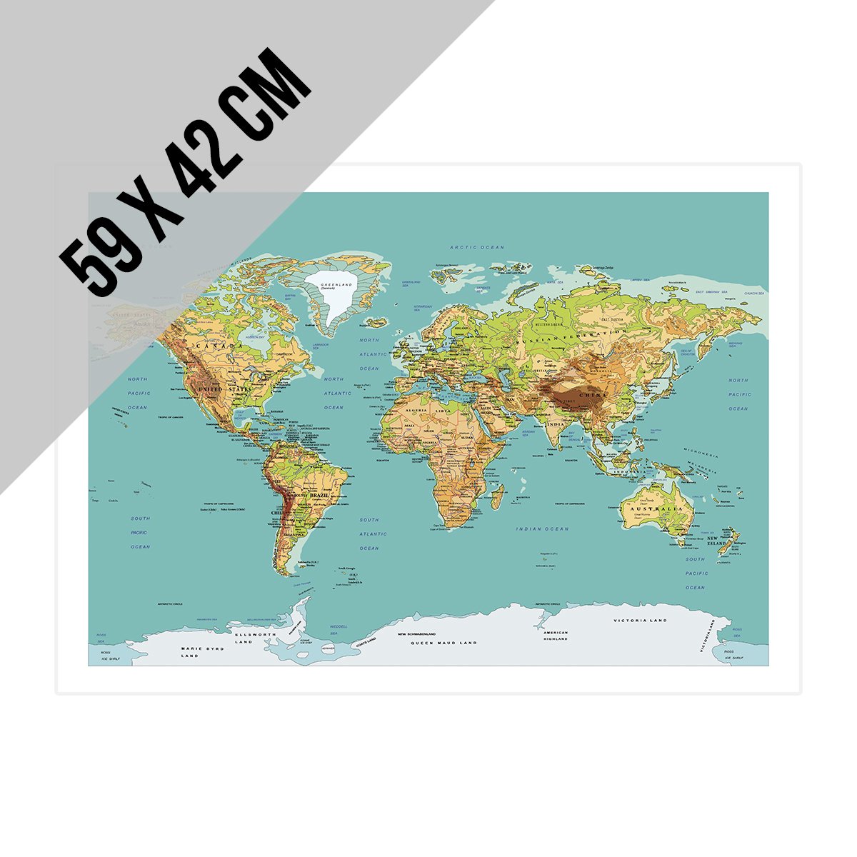 Poster/ affiche Map Wereldkaart reliëf | 59 x 42 cm | A2 formaat ...