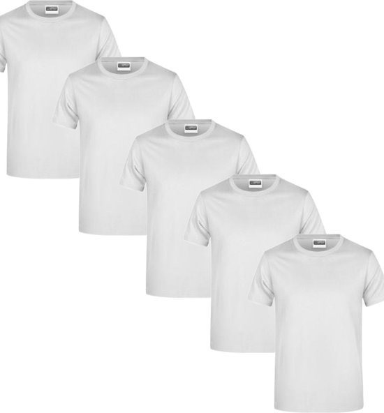 James & Nicholson 5 Pack Witte T-Shirts Heren, 100% Katoen Ronde Hals ...