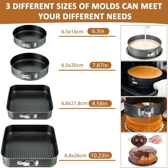 Set van 4 Springvorm Cakevormen, 16/20 cm Ronde Cakevorm en 22/26 ...
