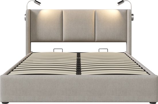 Merax Gestoffeerd Bed 140x200 cm met Opbergruimte – Bed met USB ...