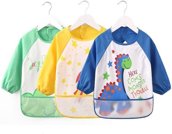 Waterdichte Kinder Slabbetjes met Lange Mouwen - 3 Stuks, Cartoon Print ...