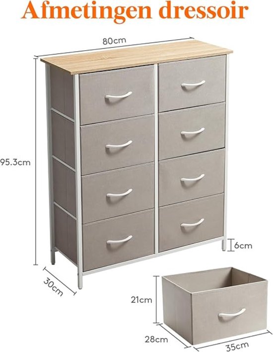Ladekastje - 8 Lades - Grijs - Ladenkastje Met Stoffen Laden - Ladekast ...