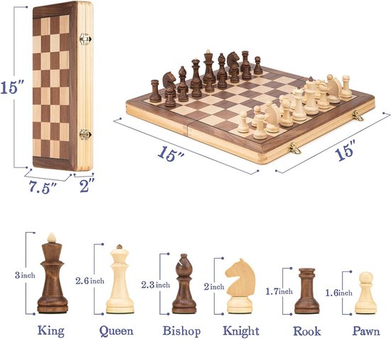 15 inch houten opvouwbare schaakset met 3 inch schaakstukken - Walnoot ...