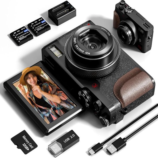 Digitale 56MP 4K Camera met 180° Flip Screen en 32GB SD-Kaart – Perfect ...