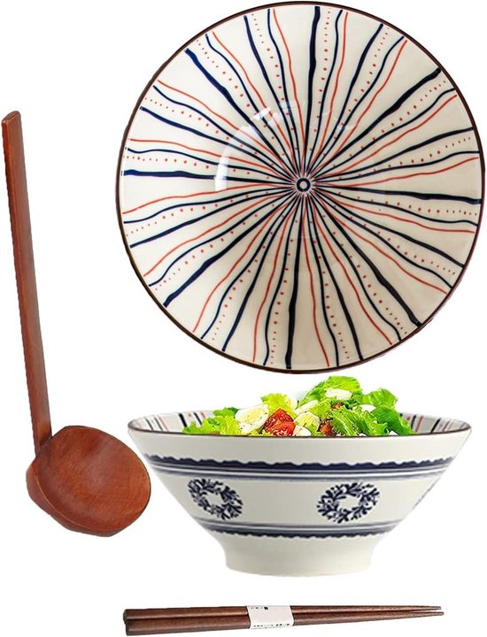 Porseleinen Japanse kom - Ramen Bowl met lepel en eetstokjes - Soepkom ...