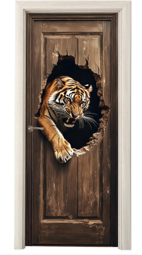 Deurposter 85x215 cm - Deursticker Tijger - Doorkijk - Deur - Hout ...