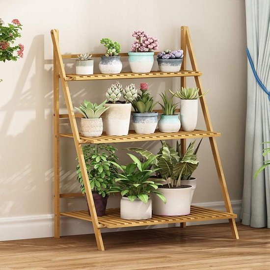 Bloemenstandaard 3 niveaus - Bamboe plantenrek voor binnen en buiten - Tuinrek 70 x 40... | bol